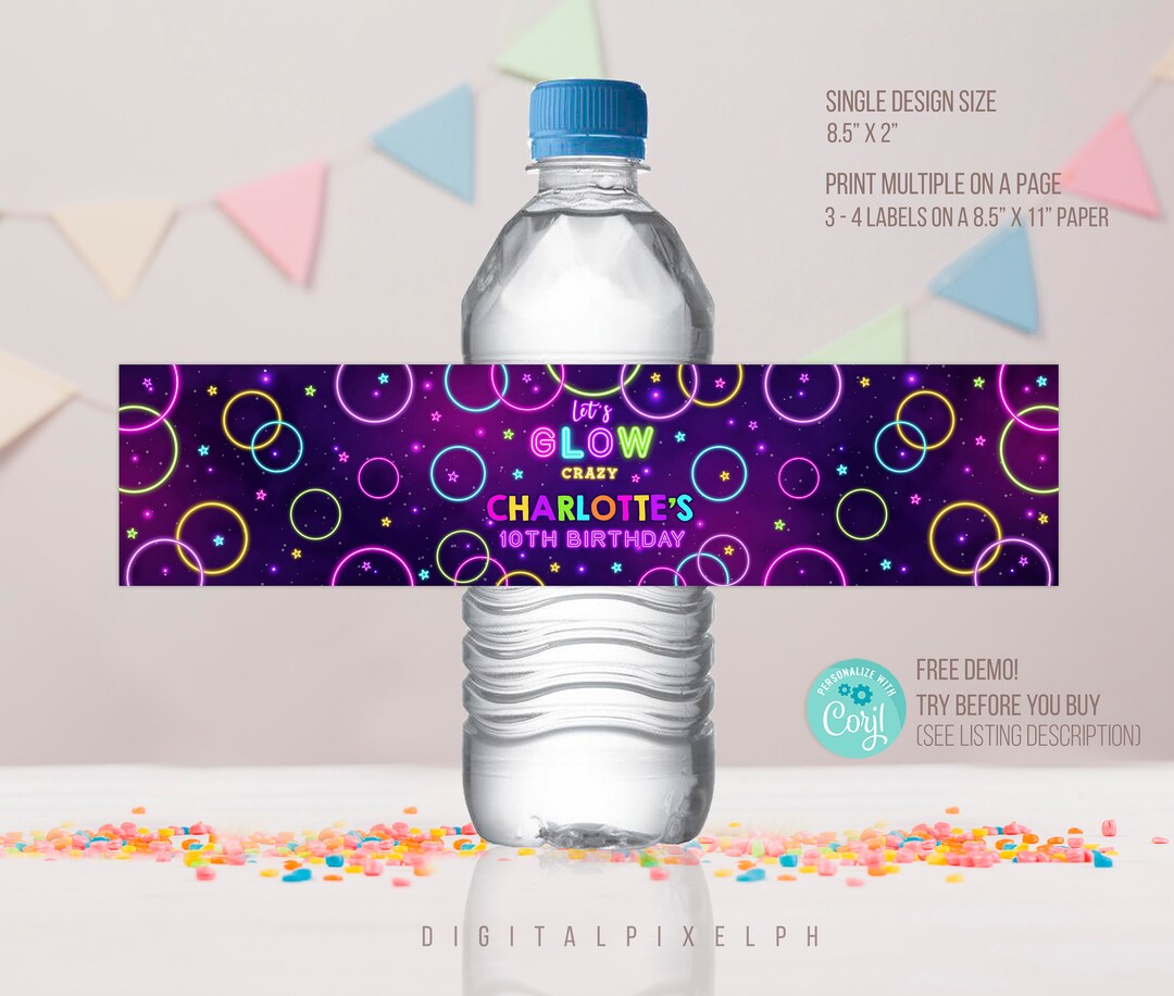 Editable Glow Party Birthday Water Bottle Label, Glow Party Label, Glow ...