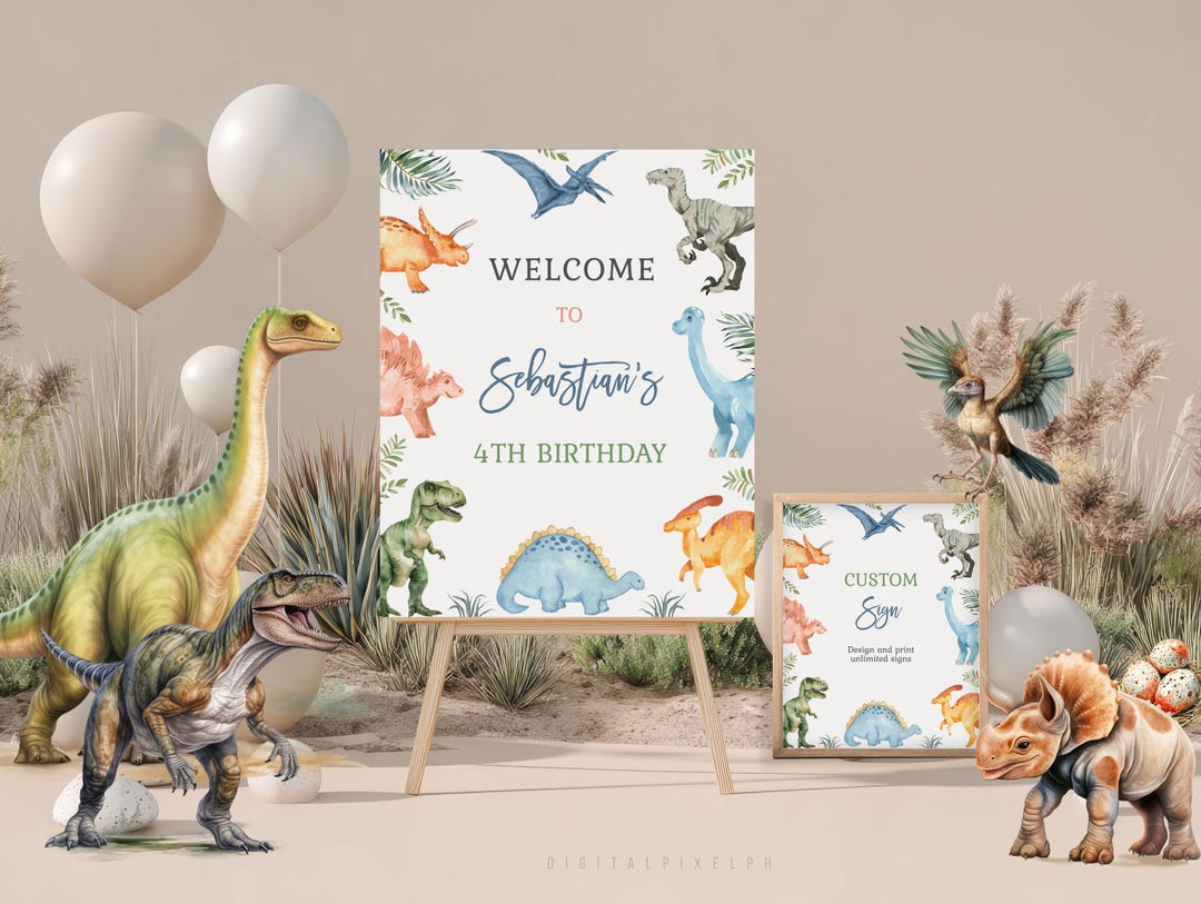 Dinosaur Birthday Welcome Sign Template, Dinosaur Custom Sign (digital ...