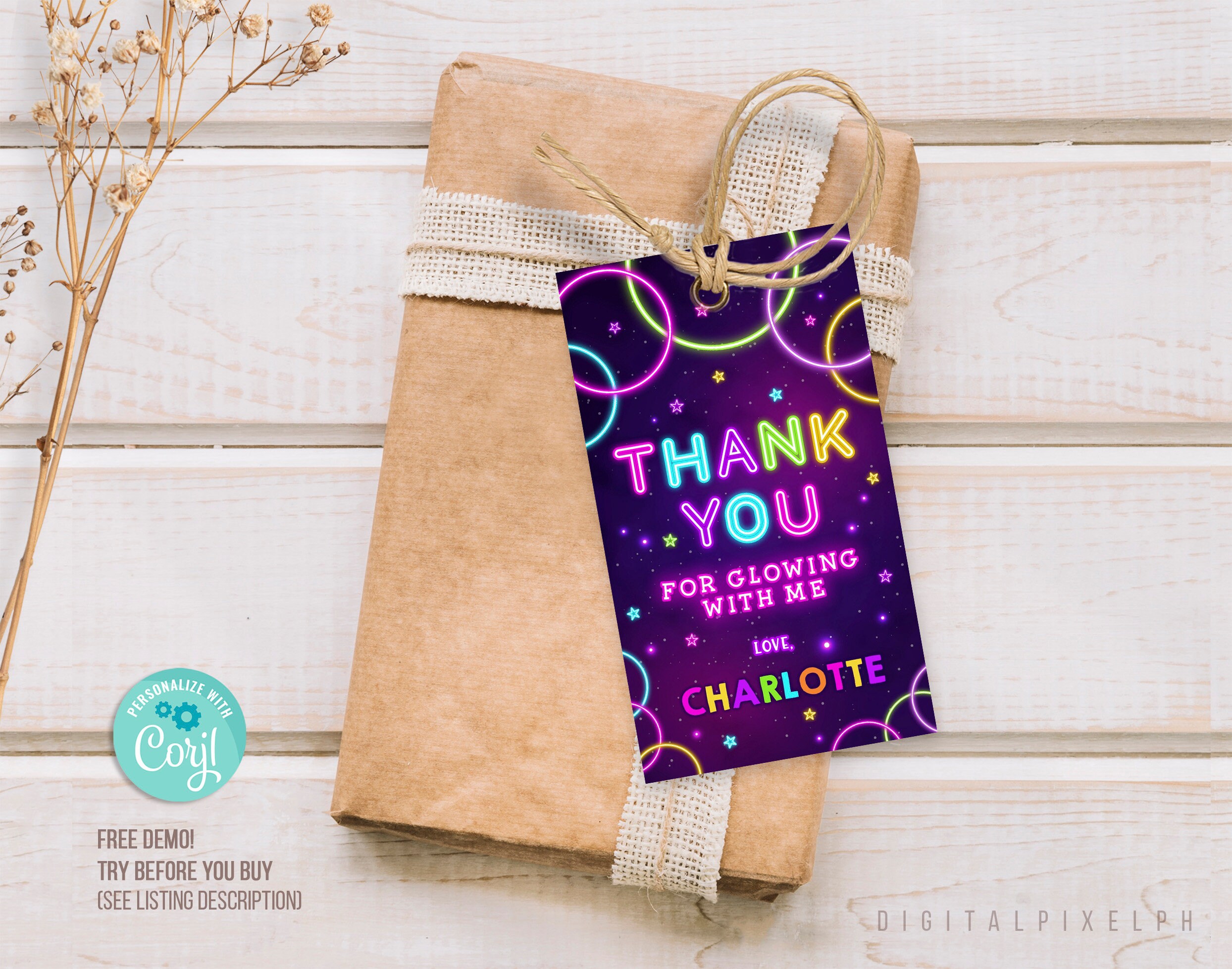 Editable Glow Party Thank You Tags, Glow Favor Tags, Glow Thank You ...