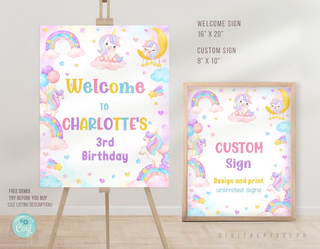 Editable Unicorn Birthday Welcome Sign Template, Unicorn Birthday ...