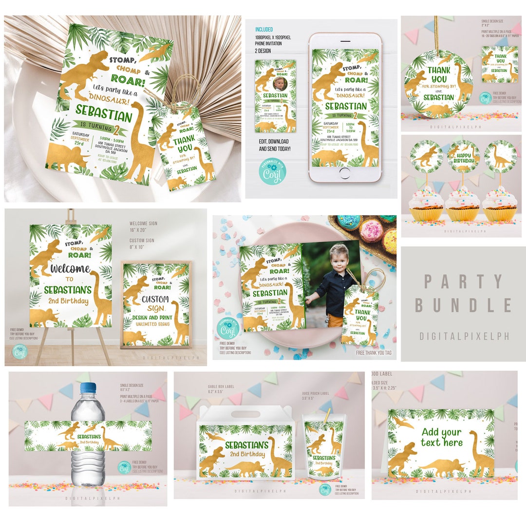 Editable Dinosaur Birthday Invitation Bundle Template, Dinosaur Welcome ...
