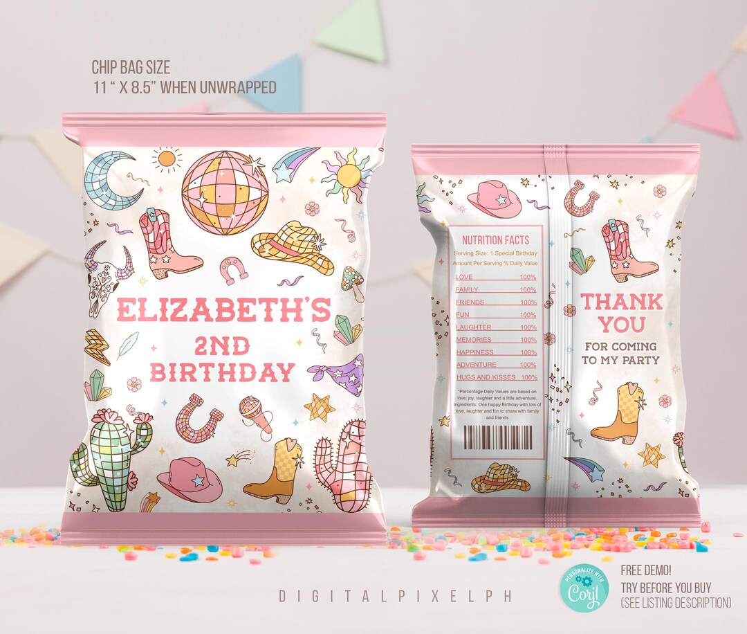 Editable Space Cowgirl Chip Bag Wrapper Labels, Disco Rodeo Bag Wrapper ...