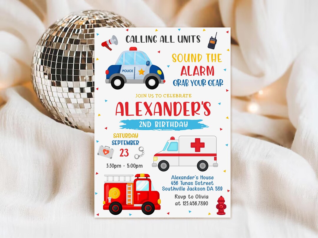 Emergency Vehicles Birthday Invitation, First Responders Theme (digital ...