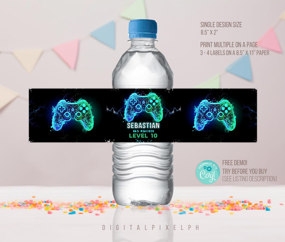 Editable Video Game Water Bottle Label, Video Game Label, Gamer Water ...