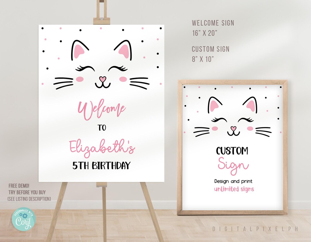 Editable Cat Face Welcome Sign Template, Cat Face Custom Sign Template ...