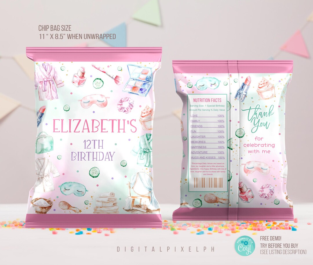 Editable Chip Bag Wrapper Labels, Spa Party Bag Wrapper Labels ...