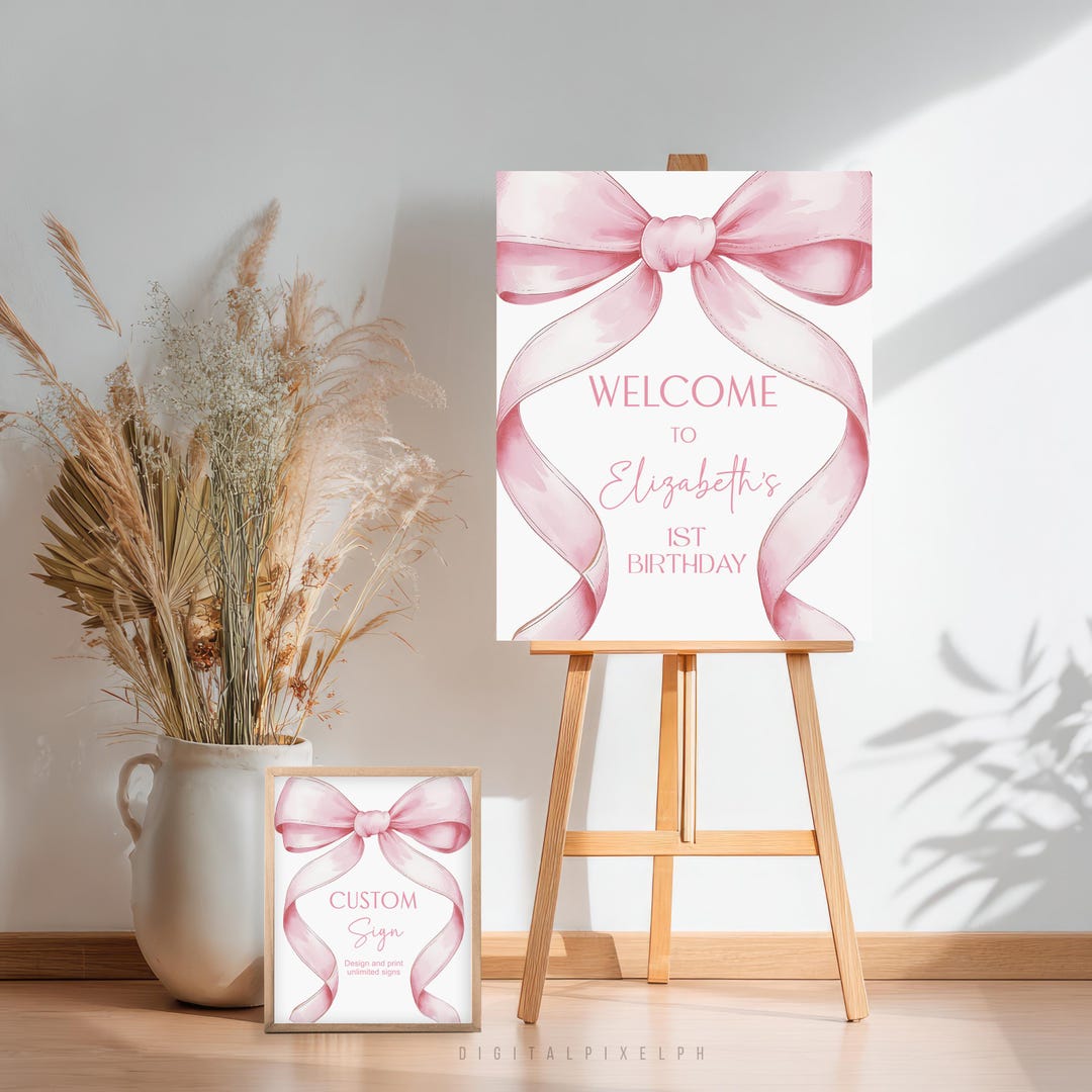 Coquette Pink Bow Welcome Sign Template, Custom Ribbon Sign (digital ...