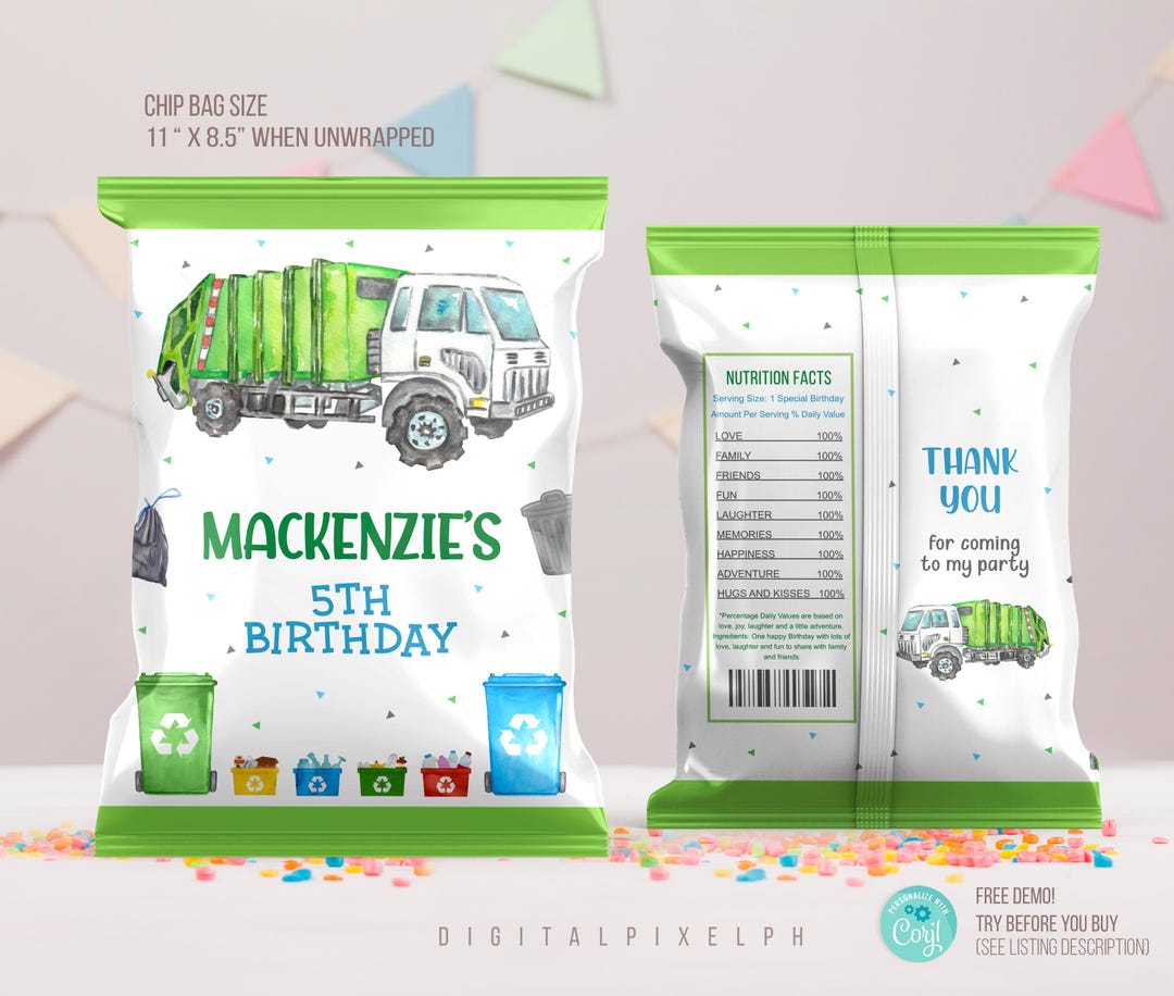 Editable Garbage Truck Chip Bag Wrapper Labels, Garbage Truck Bag ...