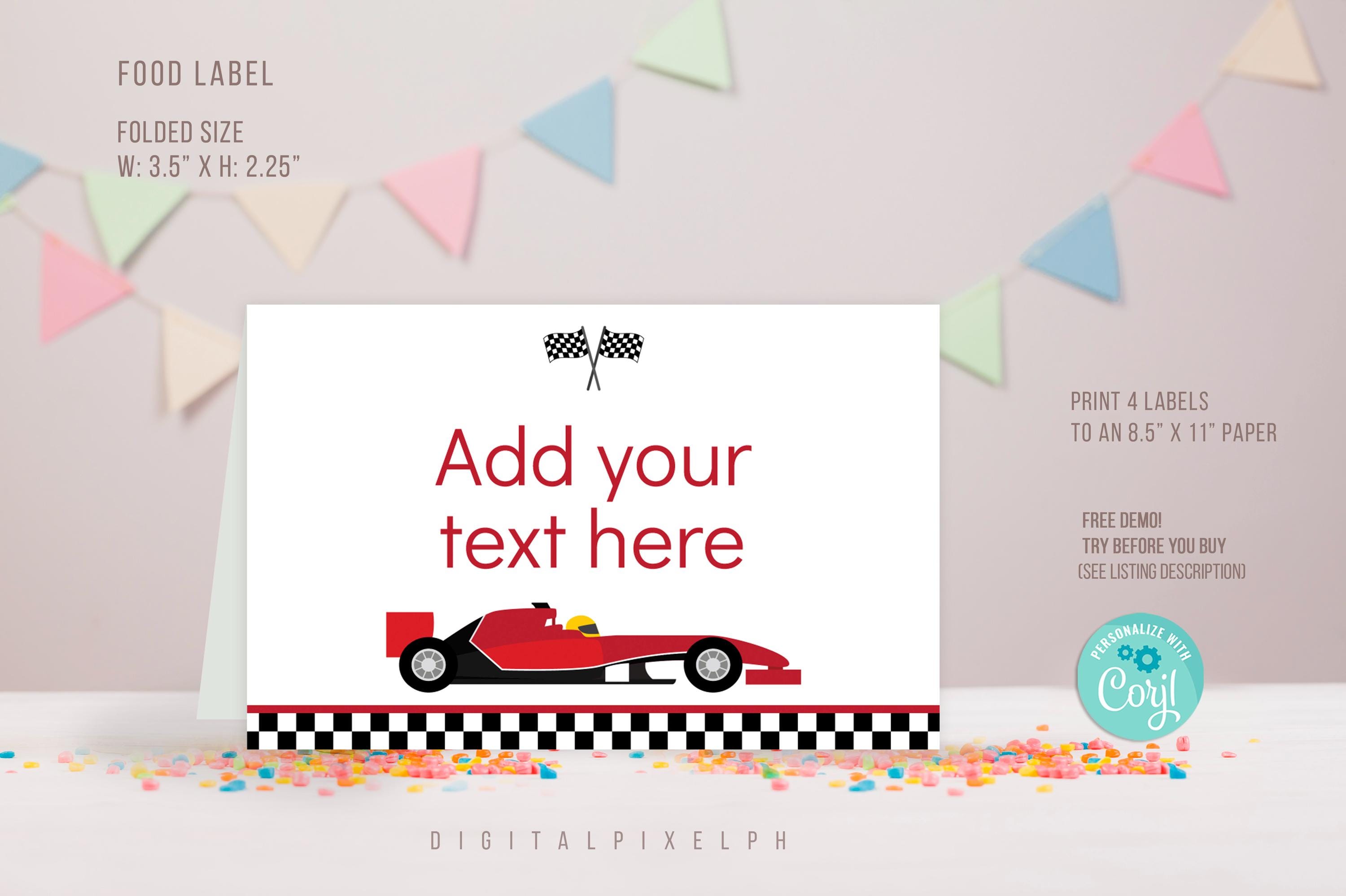 Editable Race Car Food Label, Race Car Food Tent Cards, Racing Food ...