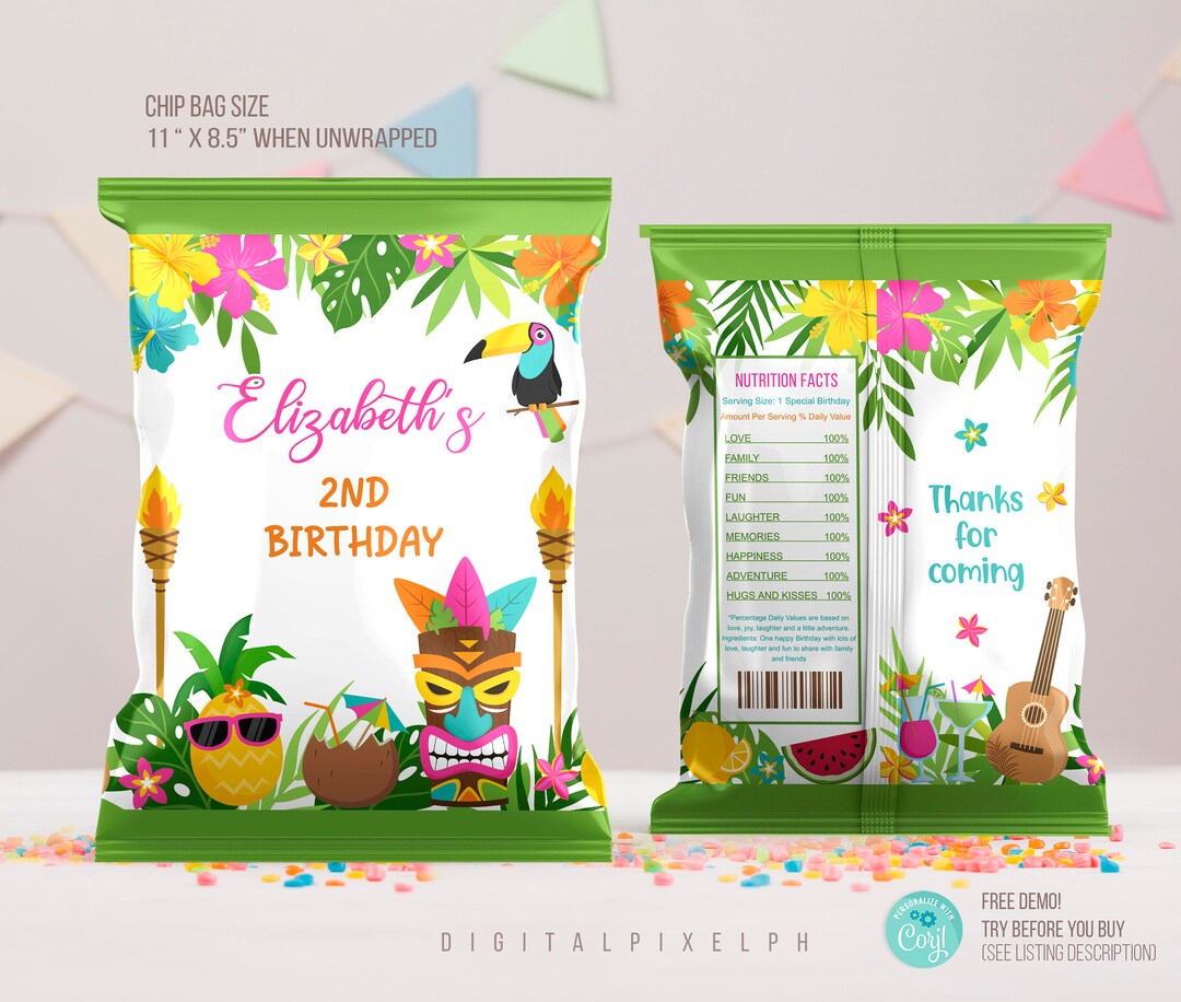 Editable Hawaiian Luau Chip Bag Wrapper Labels, Hawaiian Luau Bag ...