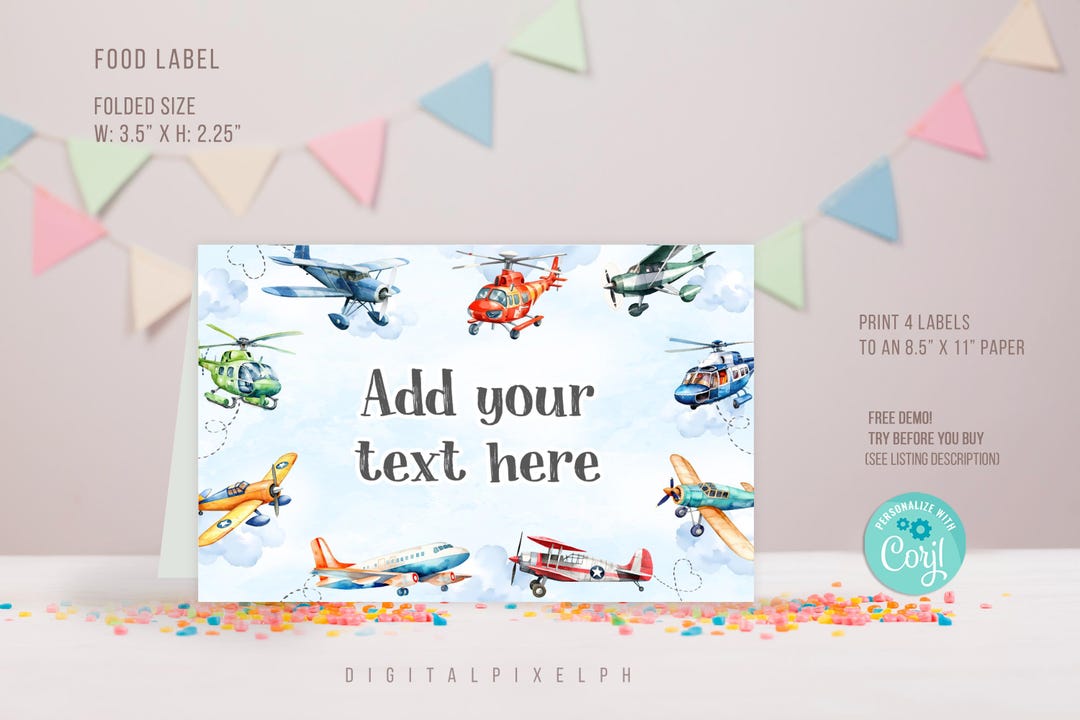 Editable Airplane Food Label, Airplane Birthday Party Food Tent Cards ...