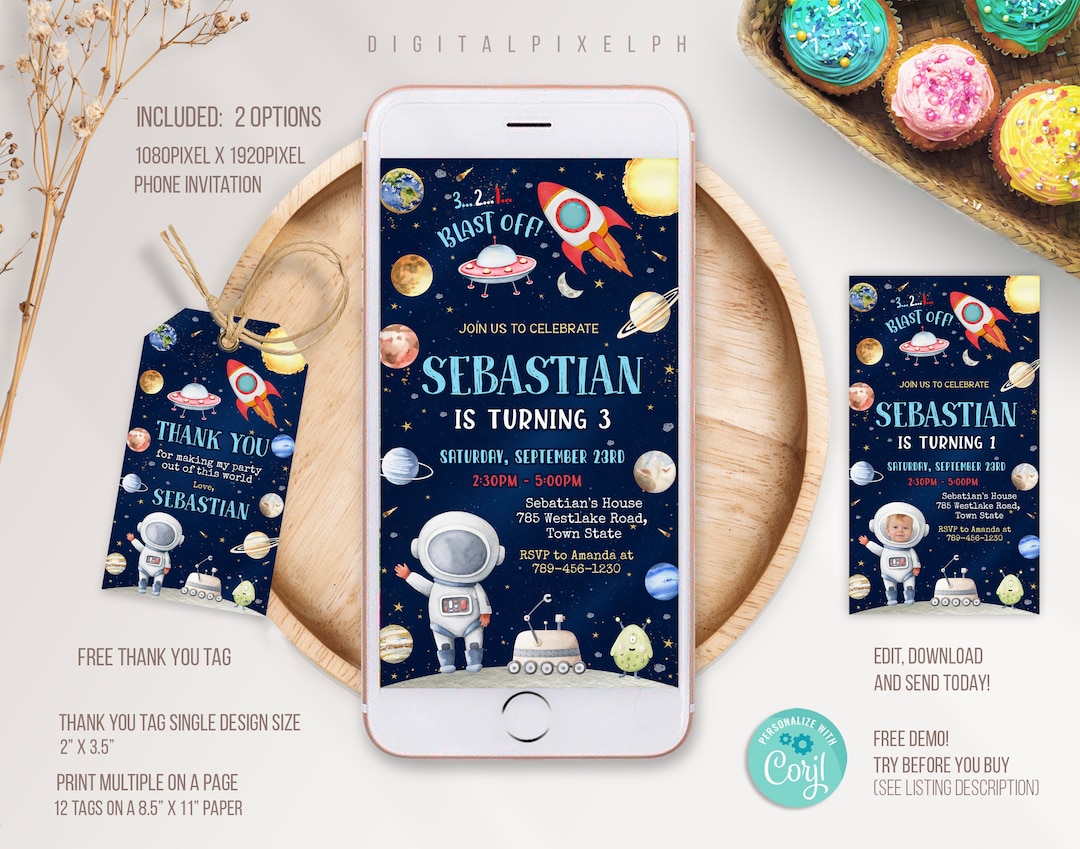 Editable Outer Space Phone Birthday Invitation Template, Outer Space ...