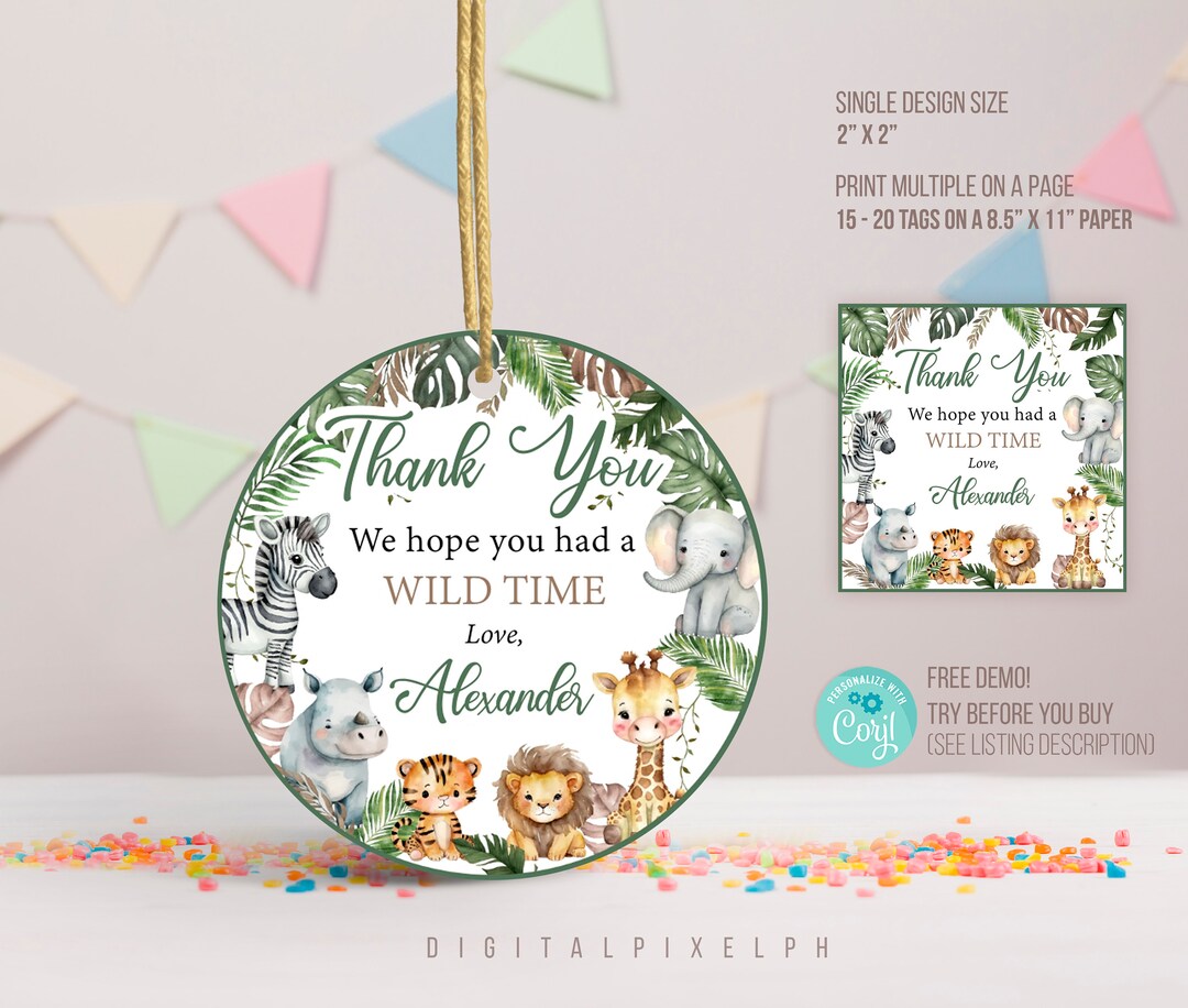 Editable Safari Round Thank You Tags, Safari Sticker, Safari Square ...