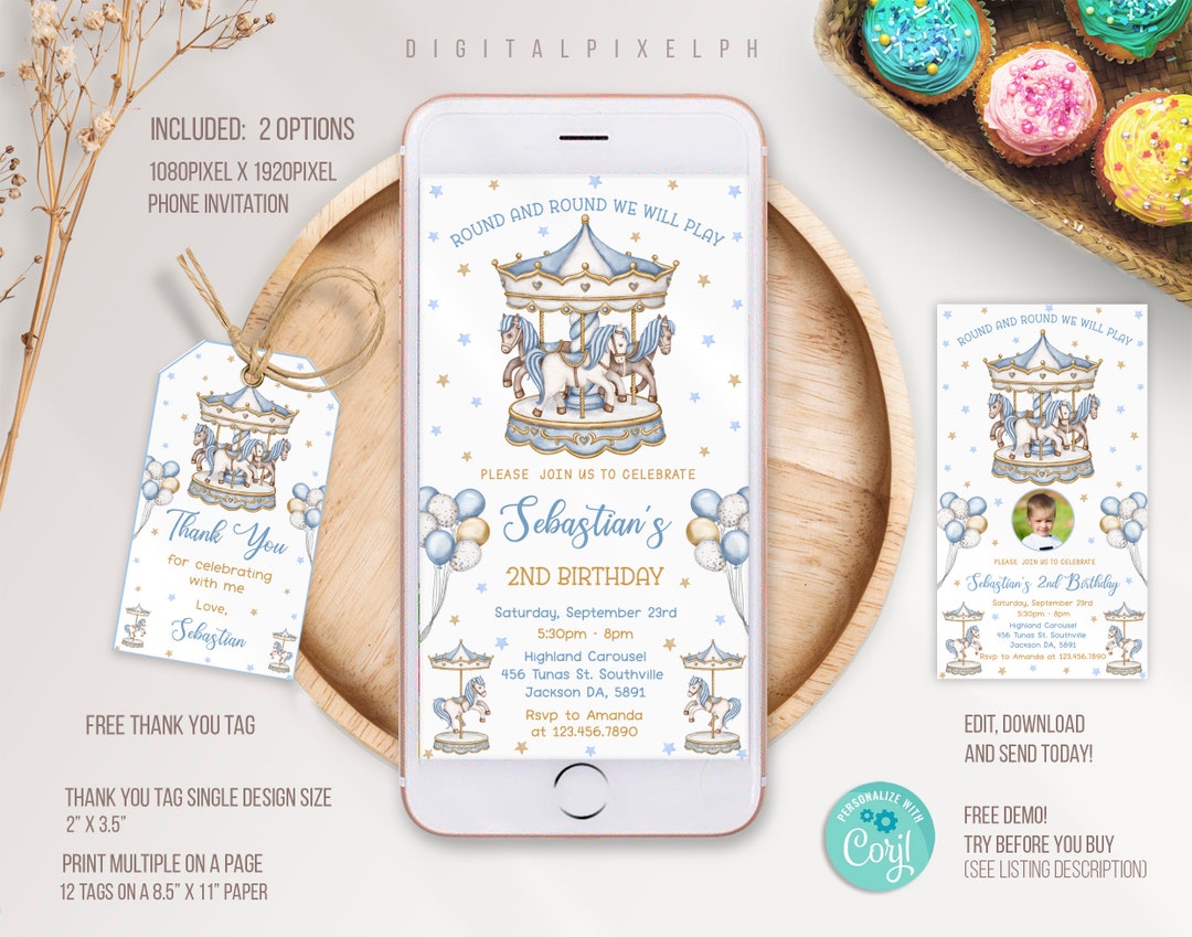 Editable Carousel Phone Birthday Invitation Template, Carousel ...