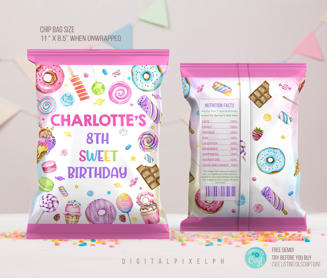 Editable Sweets Candy Chip Bag Wrapper Labels, Sweets Candy Bag Wrapper ...