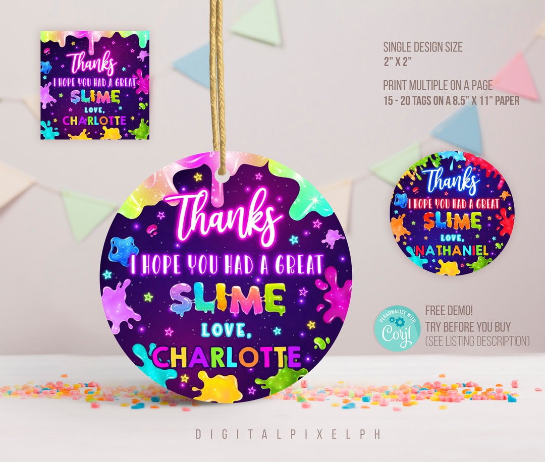 Editable Round Slime Party Thank You Tags, Slime Party Sticker, Square ...