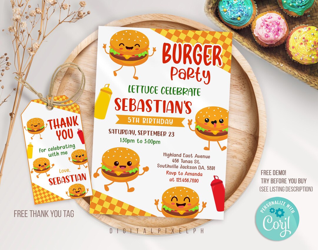 Editable Burger Birthday Invitation Template, Burger Birthday ...