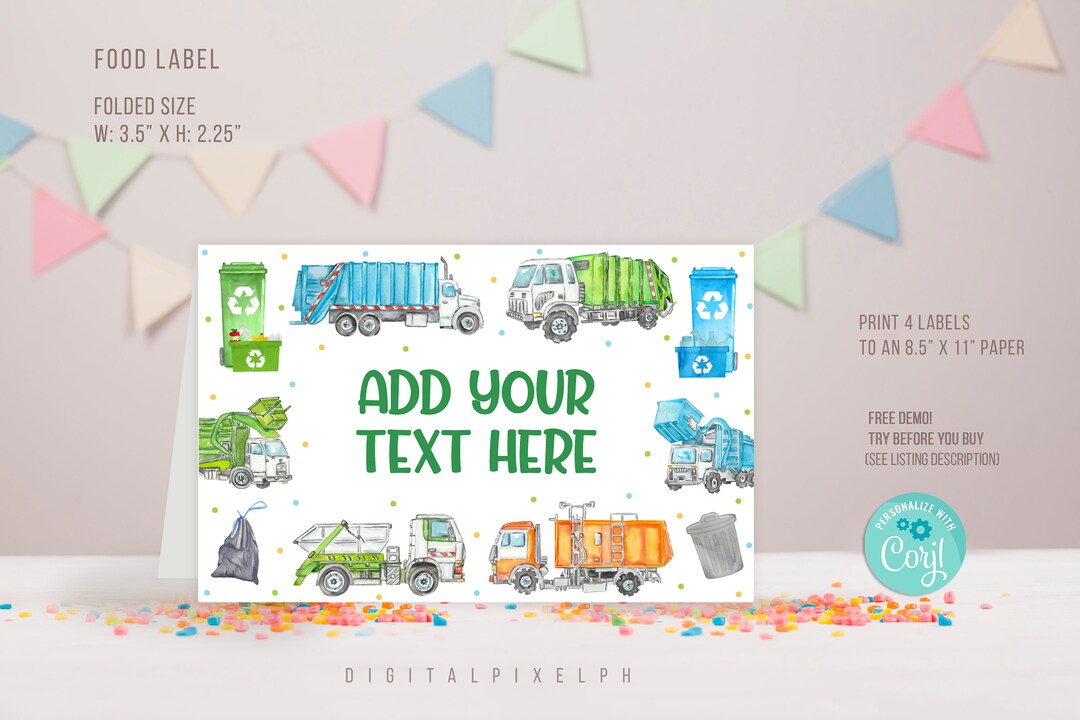 Editable Garbage Truck Food Label, Garbage Truck Food Tent Cards ...