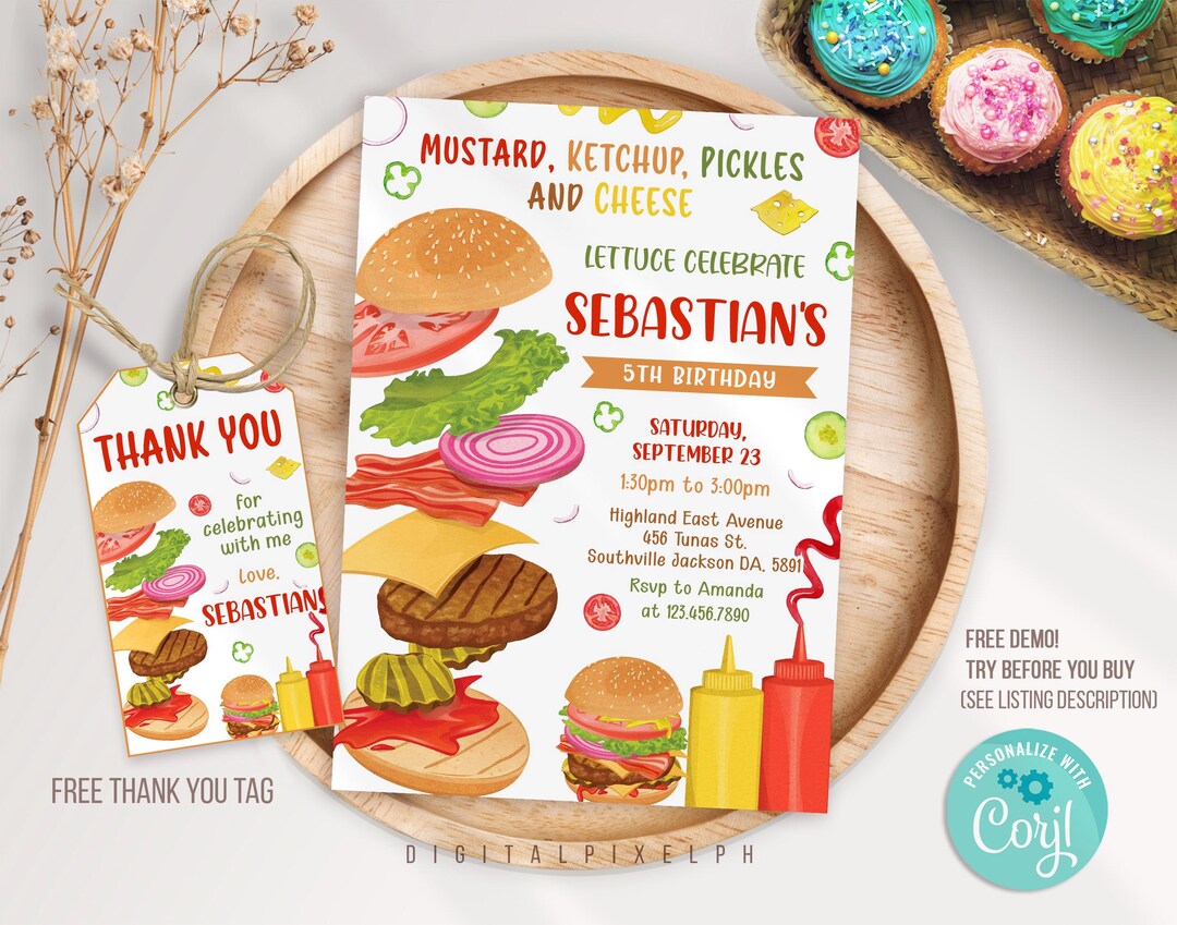 Editable Burger Birthday Invitation Template, Burger Birthday ...