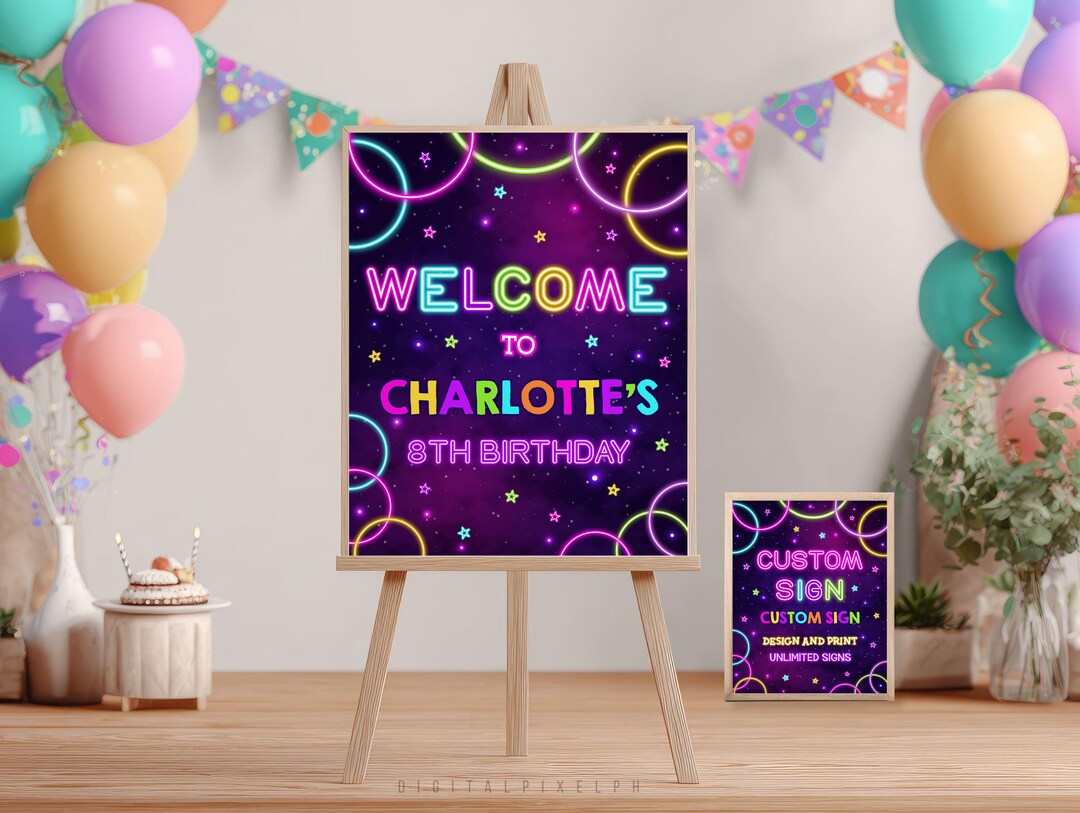 Glow Party Welcome Sign Template, Neon Birthday Custom Sign (digital ...