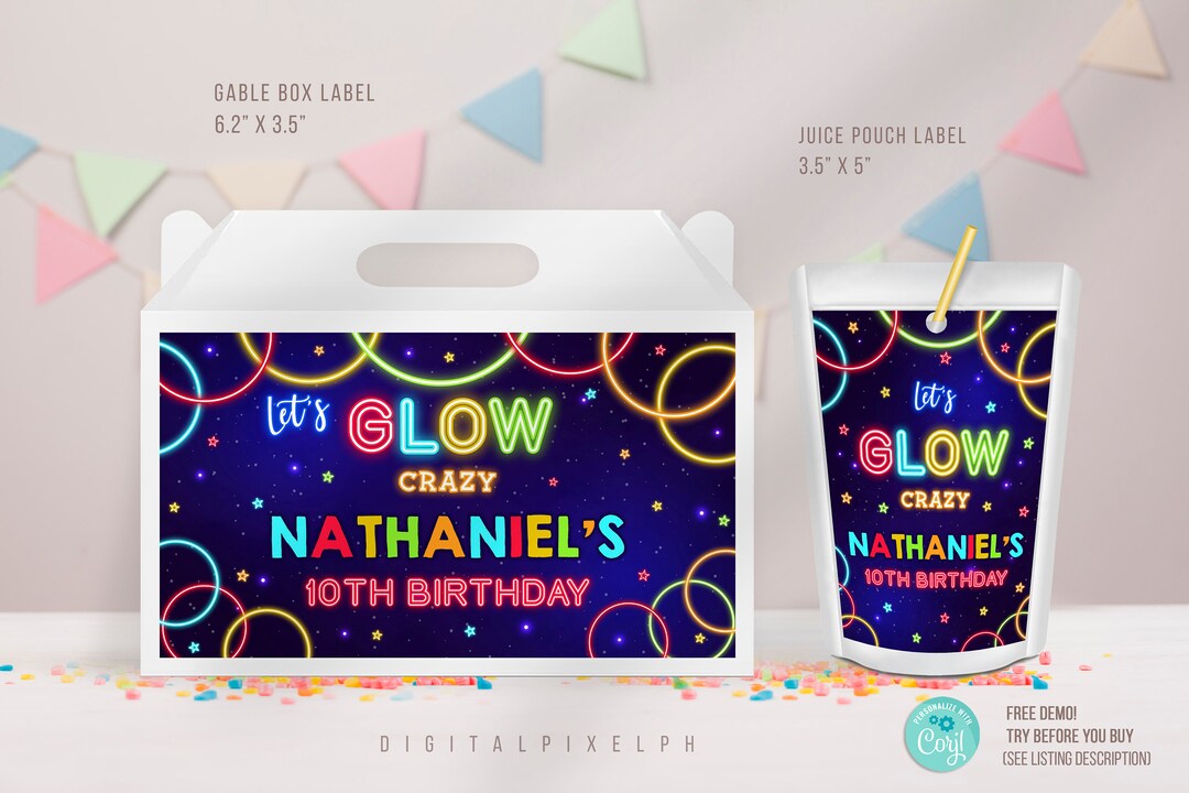 Editable Glow Party Capri Sun Labels, Glow Juice Labels, Glow Gable Box ...
