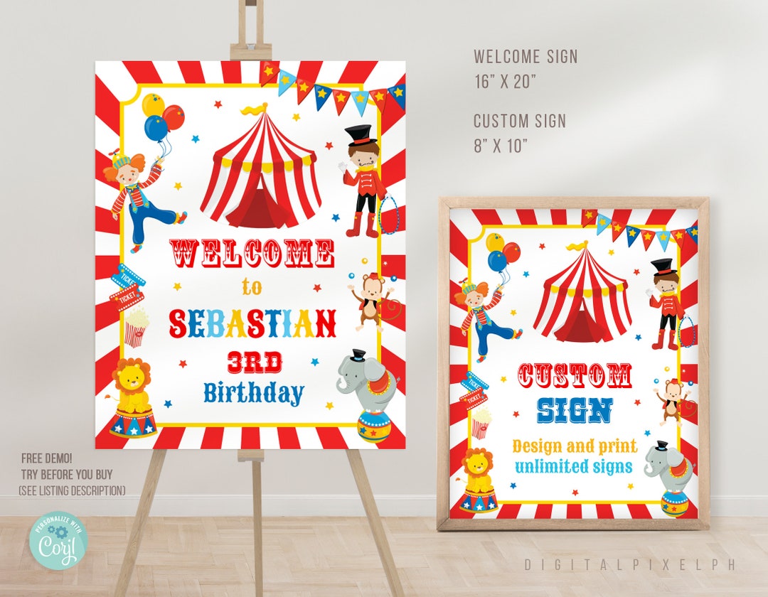 Editable Circus Welcome Sign Template, Circus Birthday Custom Sign ...