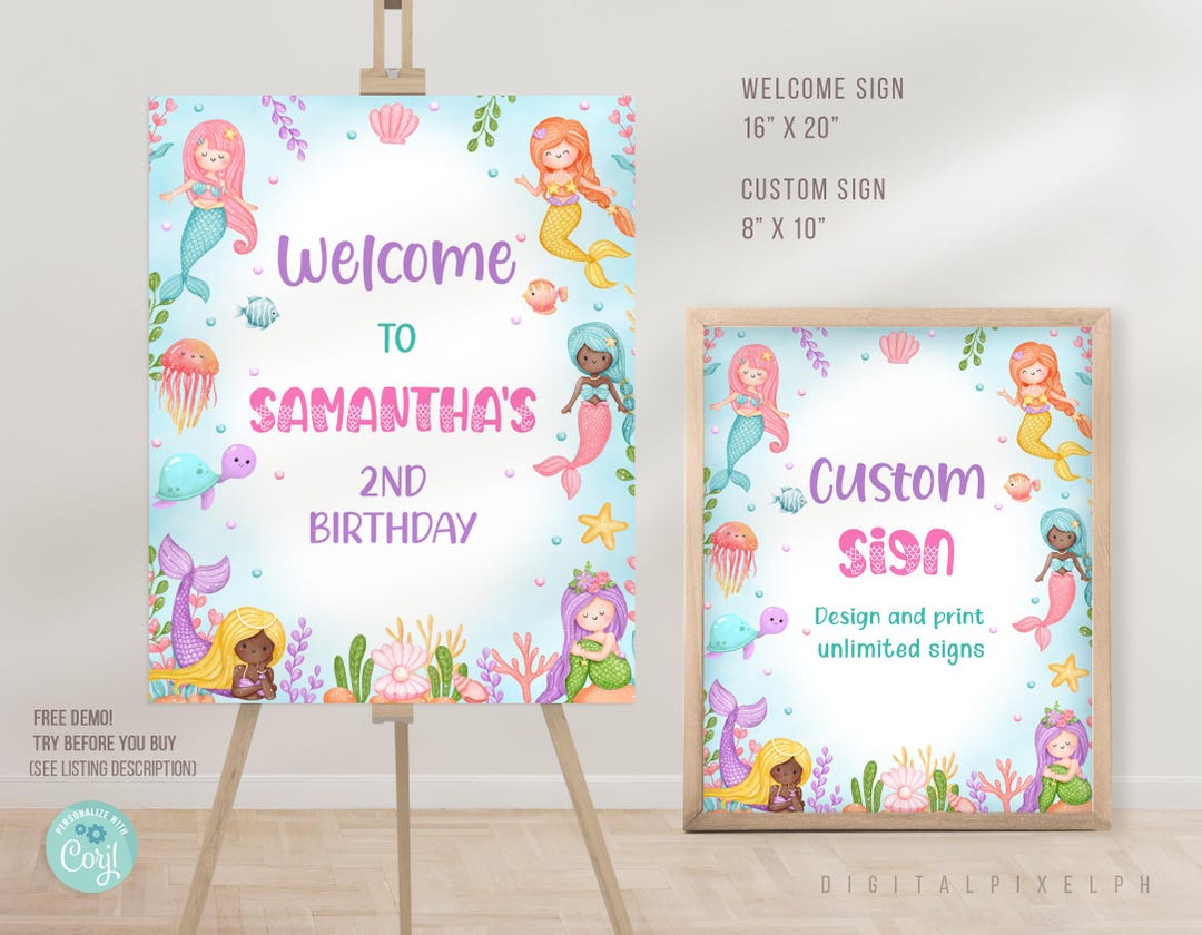 Editable Mermaid Welcome Sign, Mermaid Birthday Custom Sign Template ...