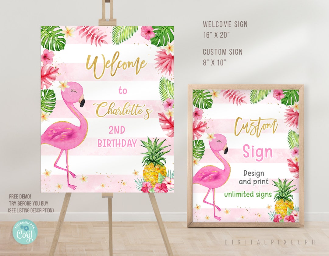 Editable Flamingo Birthday Welcome Sign Template, Flamingo Birthday ...
