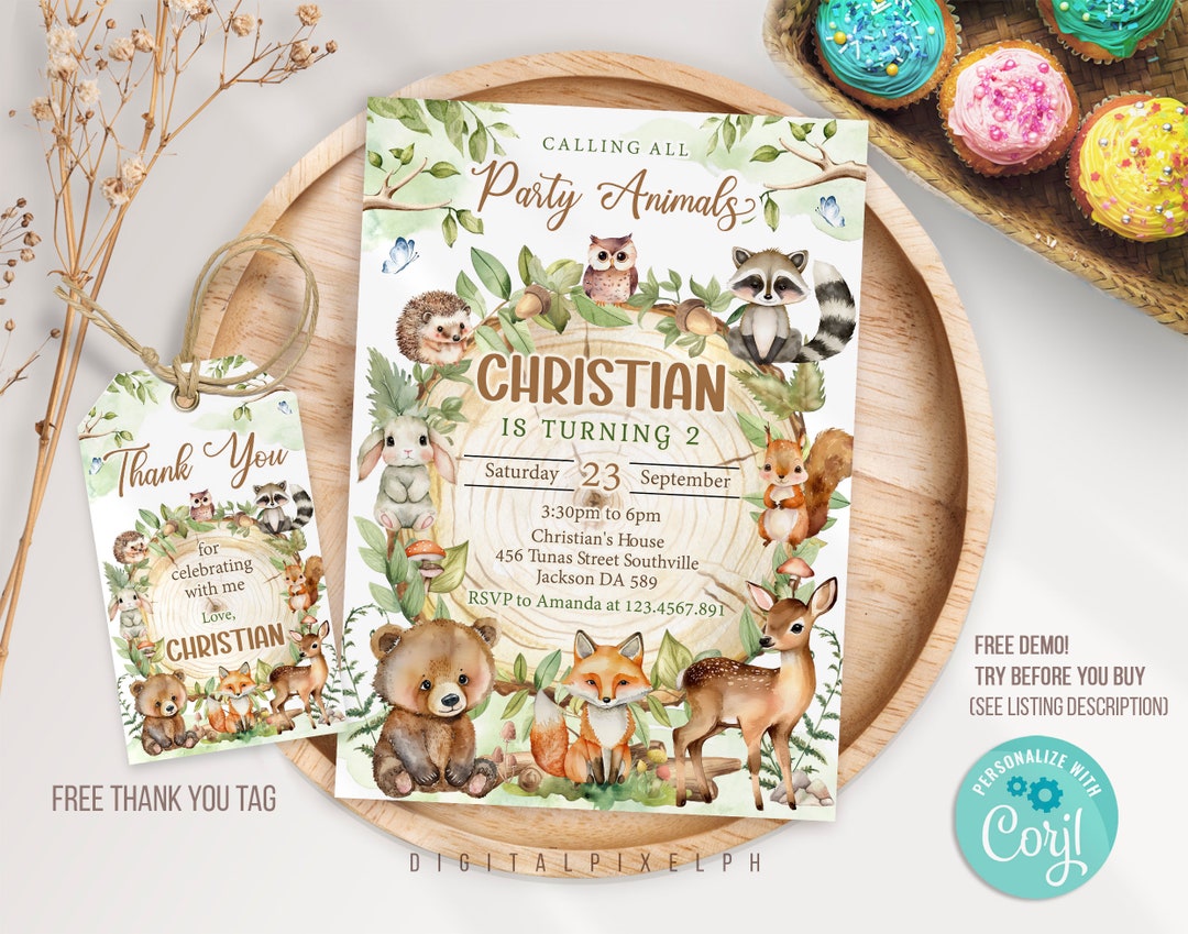 Editable Woodland Wild One Birthday Invitation, Woodland Forest Animals ...