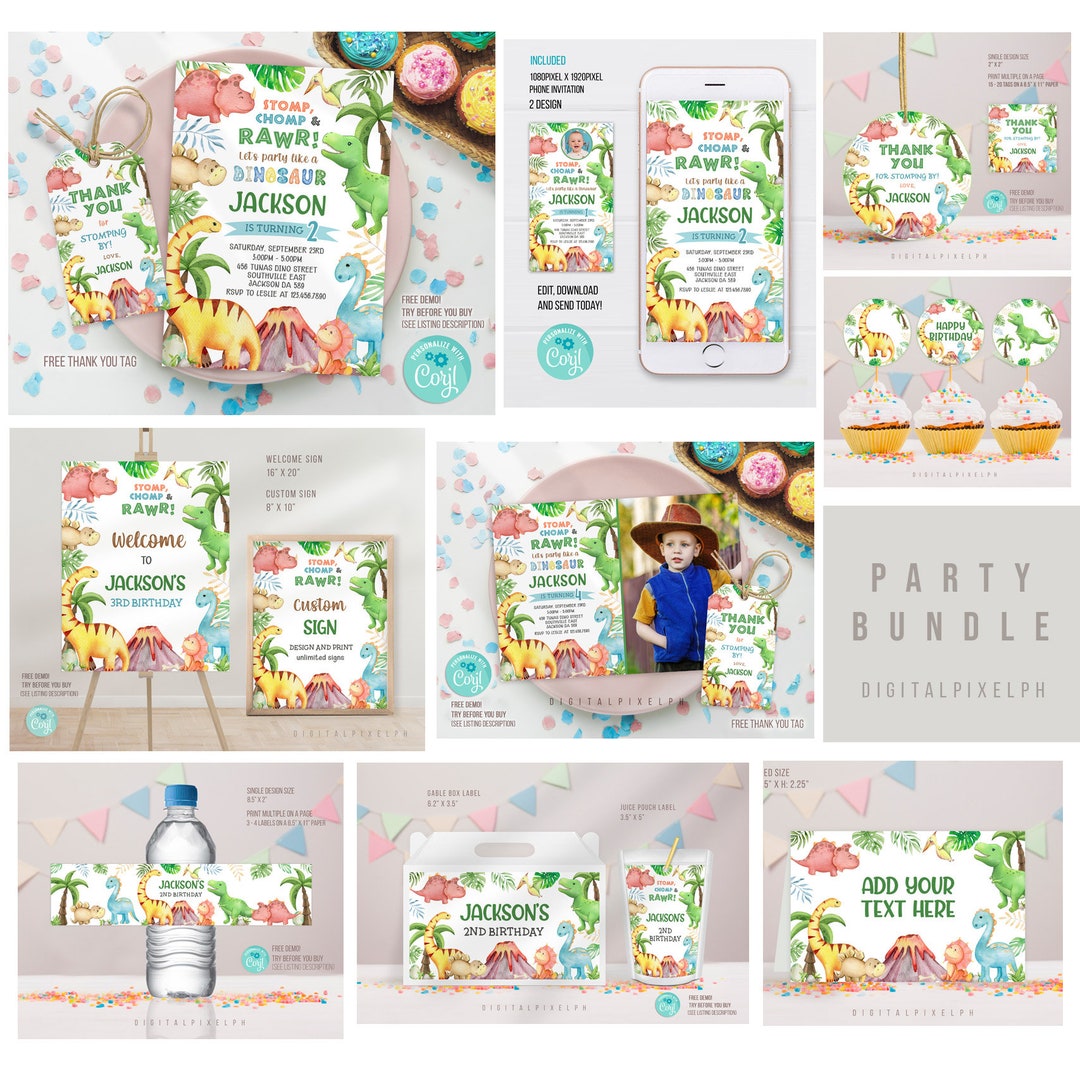 Editable Dinosaur Birthday Invitation Bundle Template, Dinosaur Welcome ...