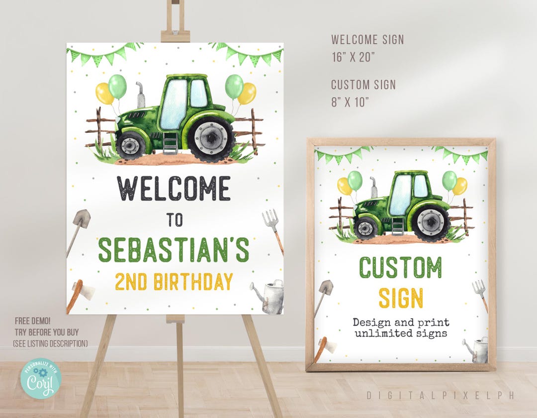 Editable Green Tractor Welcome Sign Template, Green Tractor Custom Sign ...