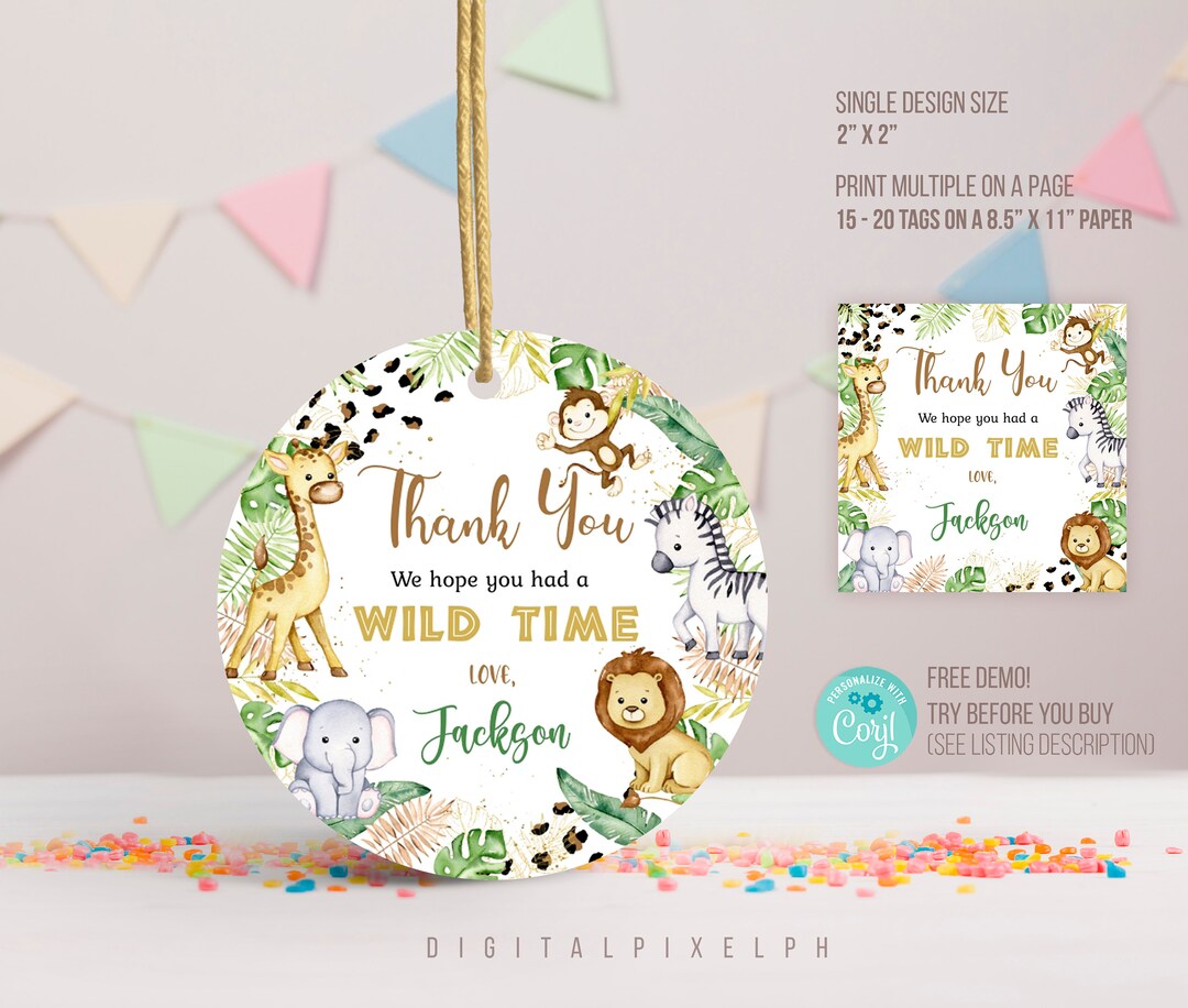 Editable Safari Round Thank You Tags, Safari Sticker, Safari Square ...
