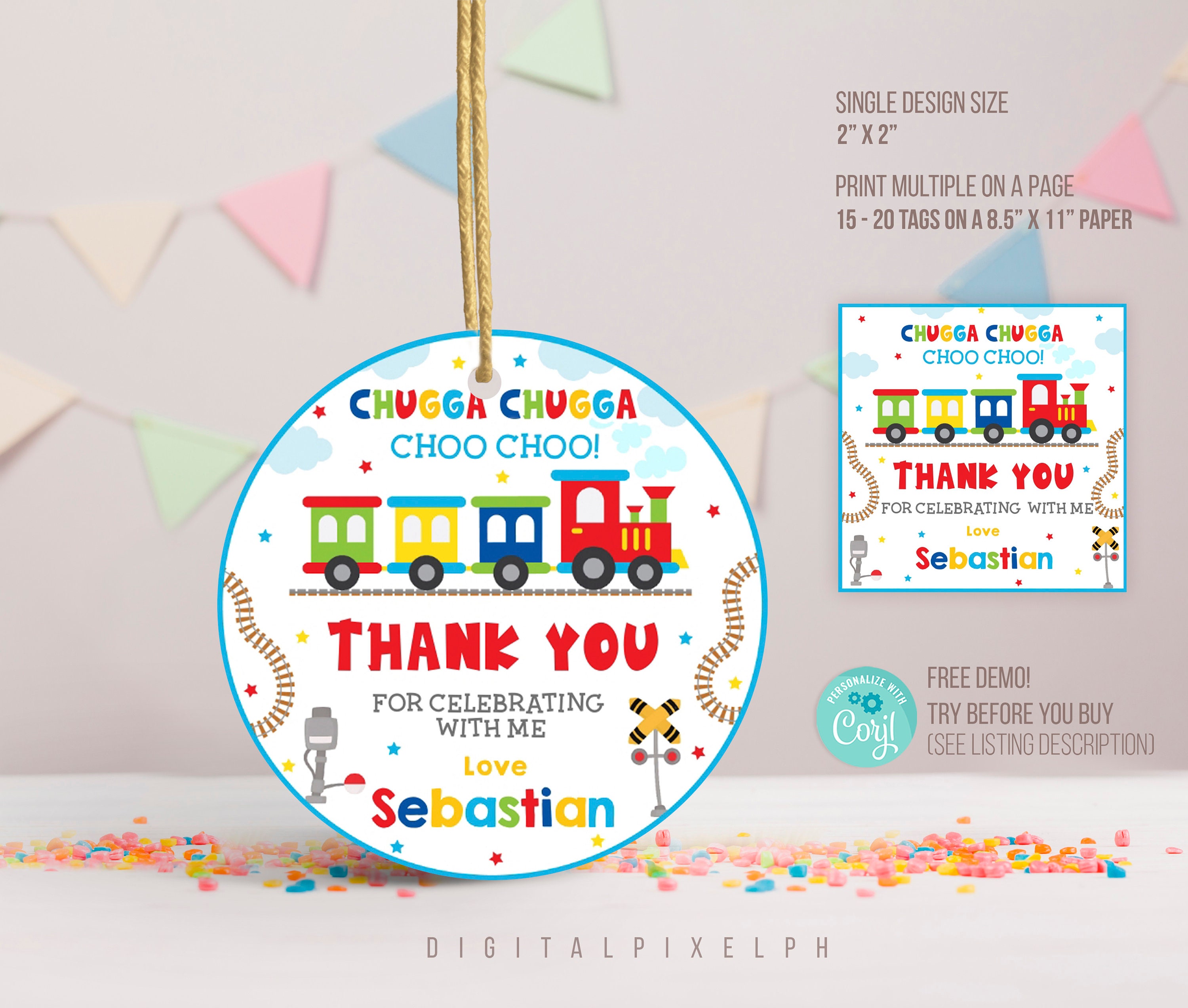 Editable Train Round Thank You Tags, Train Sticker, Train Square Thank ...
