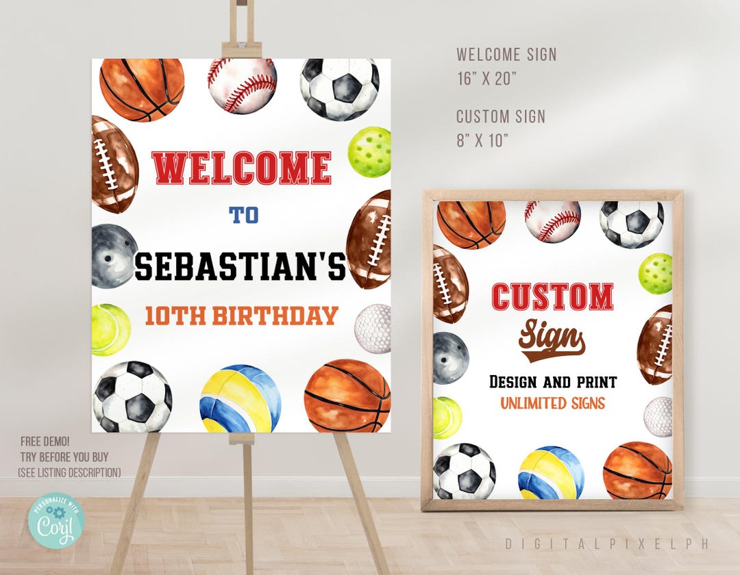 Editable Sports Ball Welcome Sign Template, Sports Ball Custom Sign ...