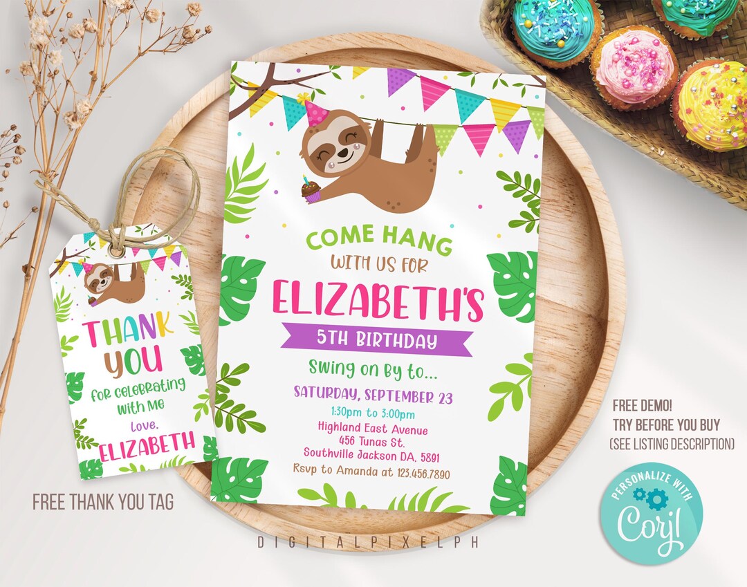 Editable Sloth Birthday Invitation Template, Sloth Birthday Invitation ...