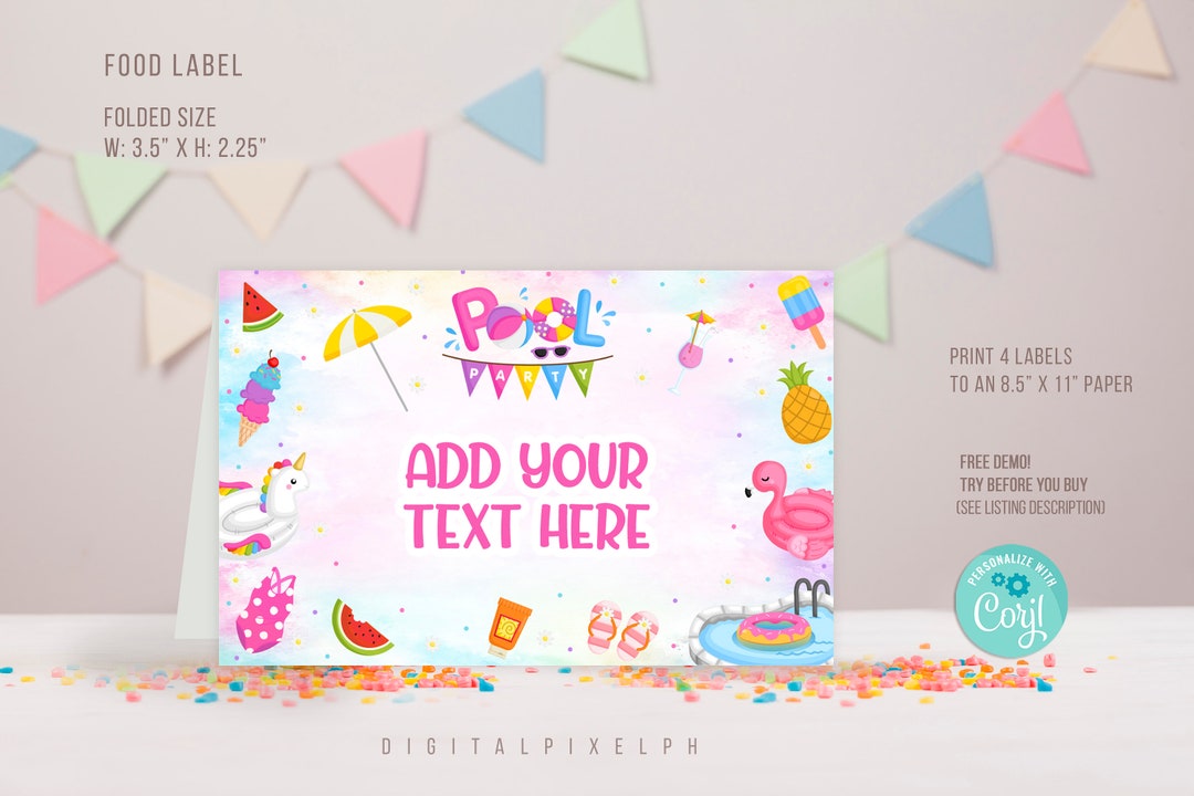 Editable Pool Party Food Label, Pool Party Food Tent Cards, Pool Party ...