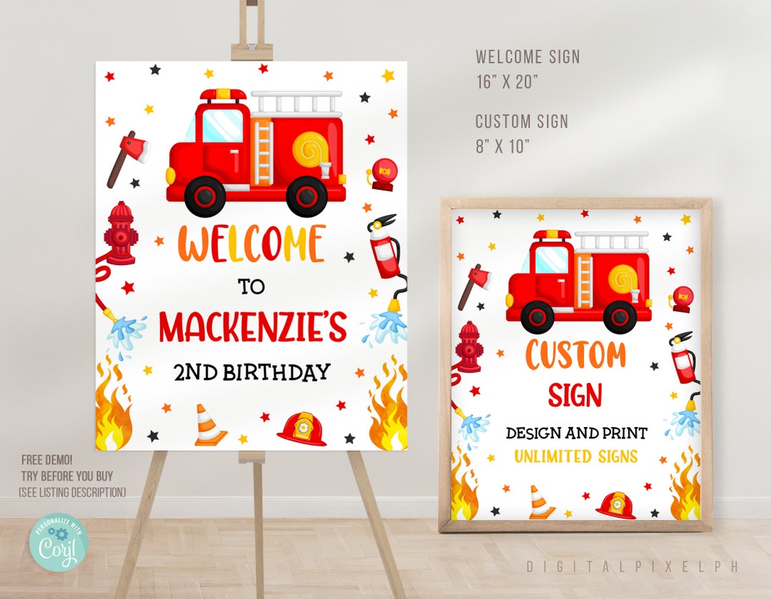 Editable Fire Truck Welcome Sign Template, Fire Truck Birthday Custom ...