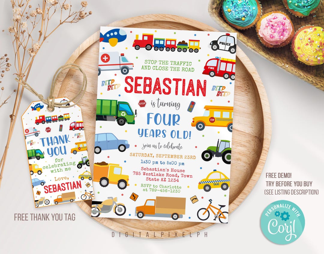 Editable Transportation Birthday Invitation Template, Transportation ...