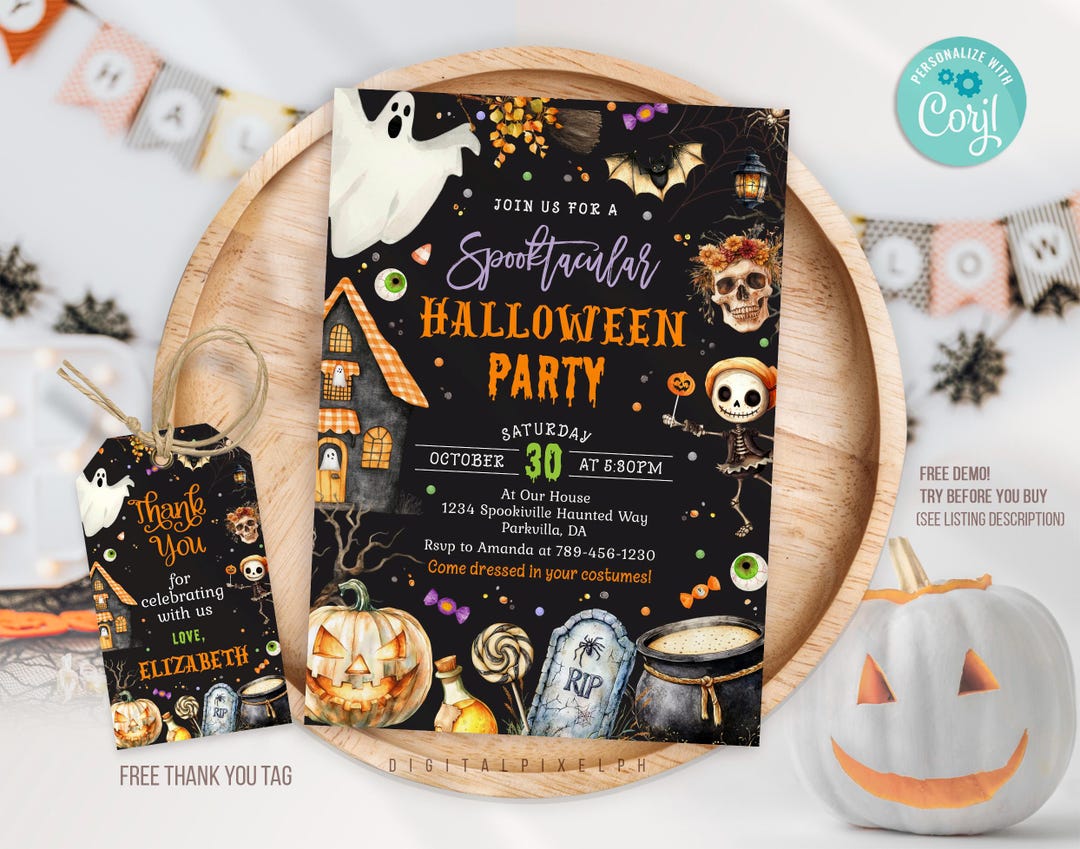 Editable Spooktacular Halloween Party Invitation, Thank You Tags ...