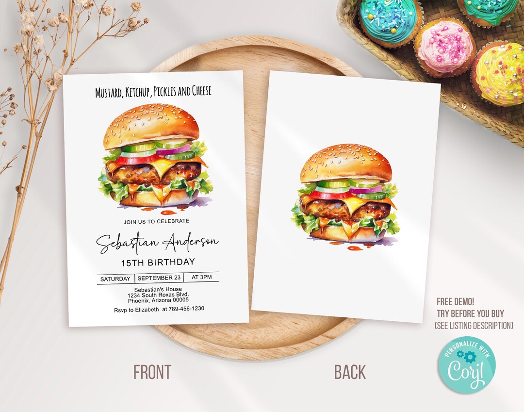 Editable Burger Party Birthday Invitation Template, Burger Birthday ...