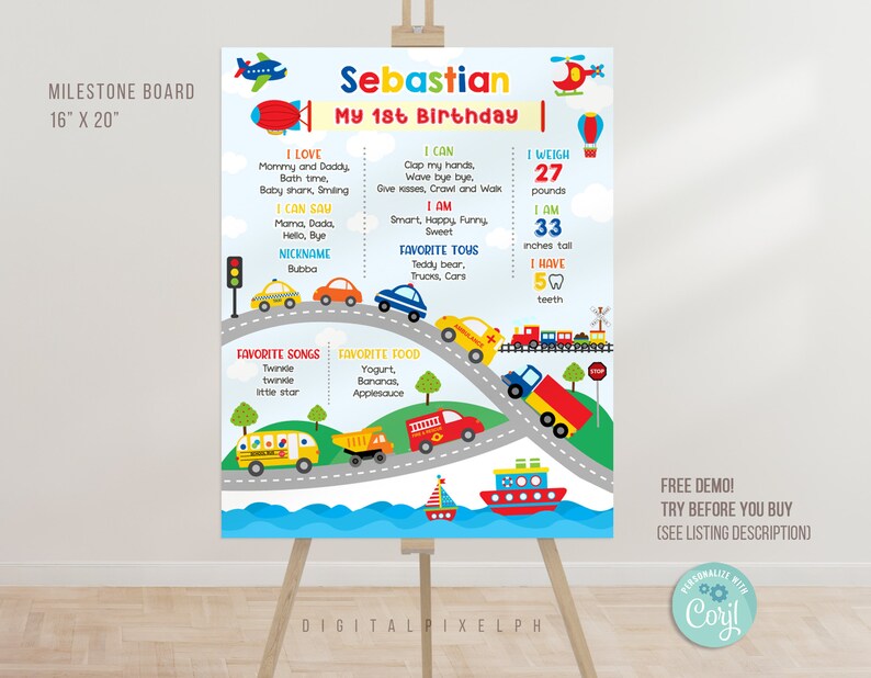 Transportation Birthday Milestone Poster, Editable Template (digital ...