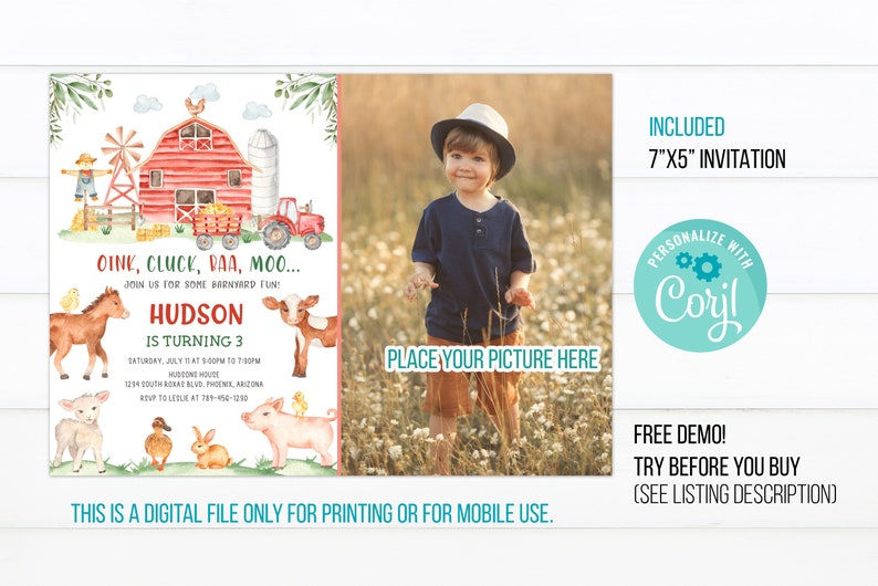 Farm Birthday Party Invitation Template With Photo Farm - Etsy
