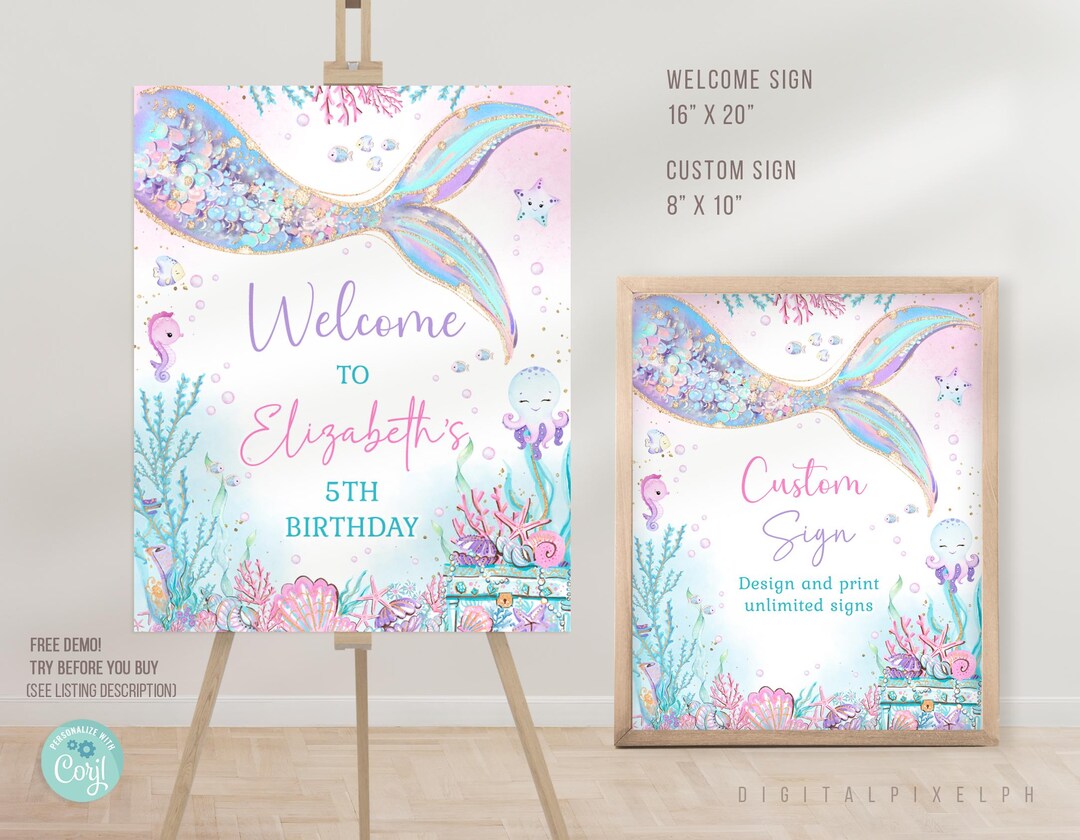 Editable Mermaid Welcome Sign Template, Mermaid Birthday Custom Sign ...