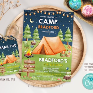 Editable Camping Birthday Invitation, Happy Camper Invitation, Camping ...
