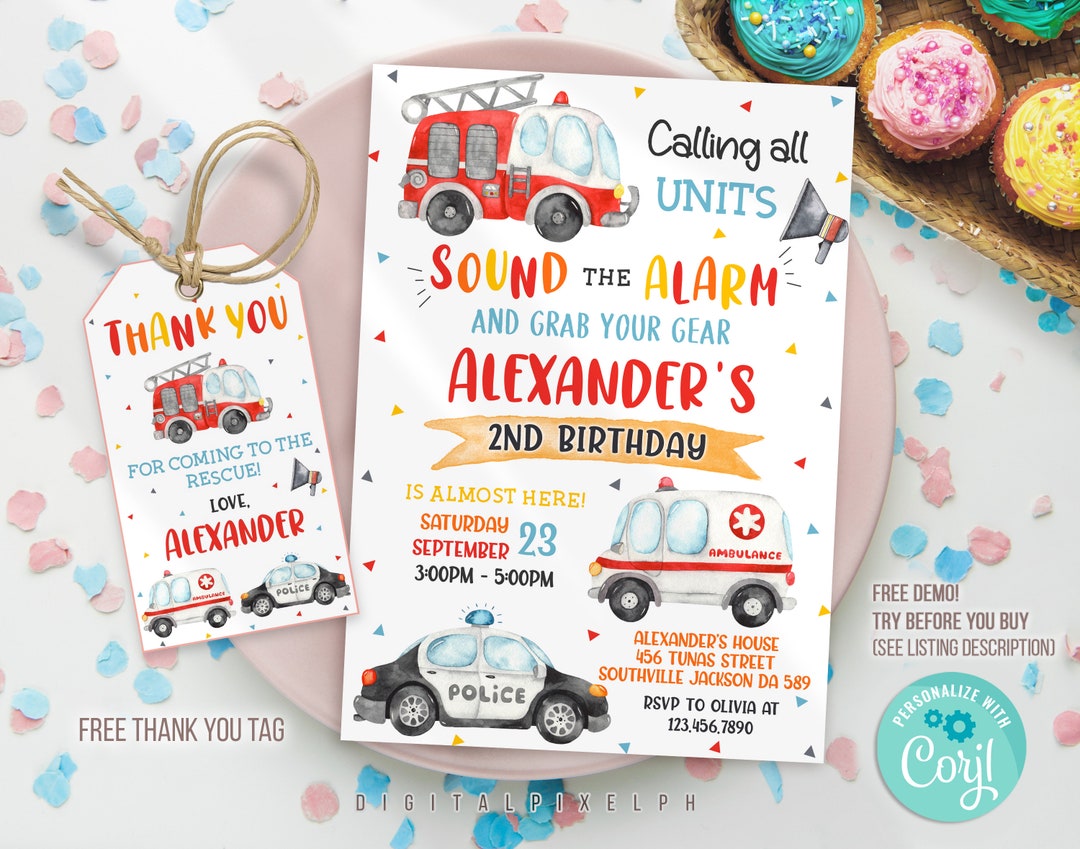Editable Emergency Vehicles Birthday Invitation, First Responders ...