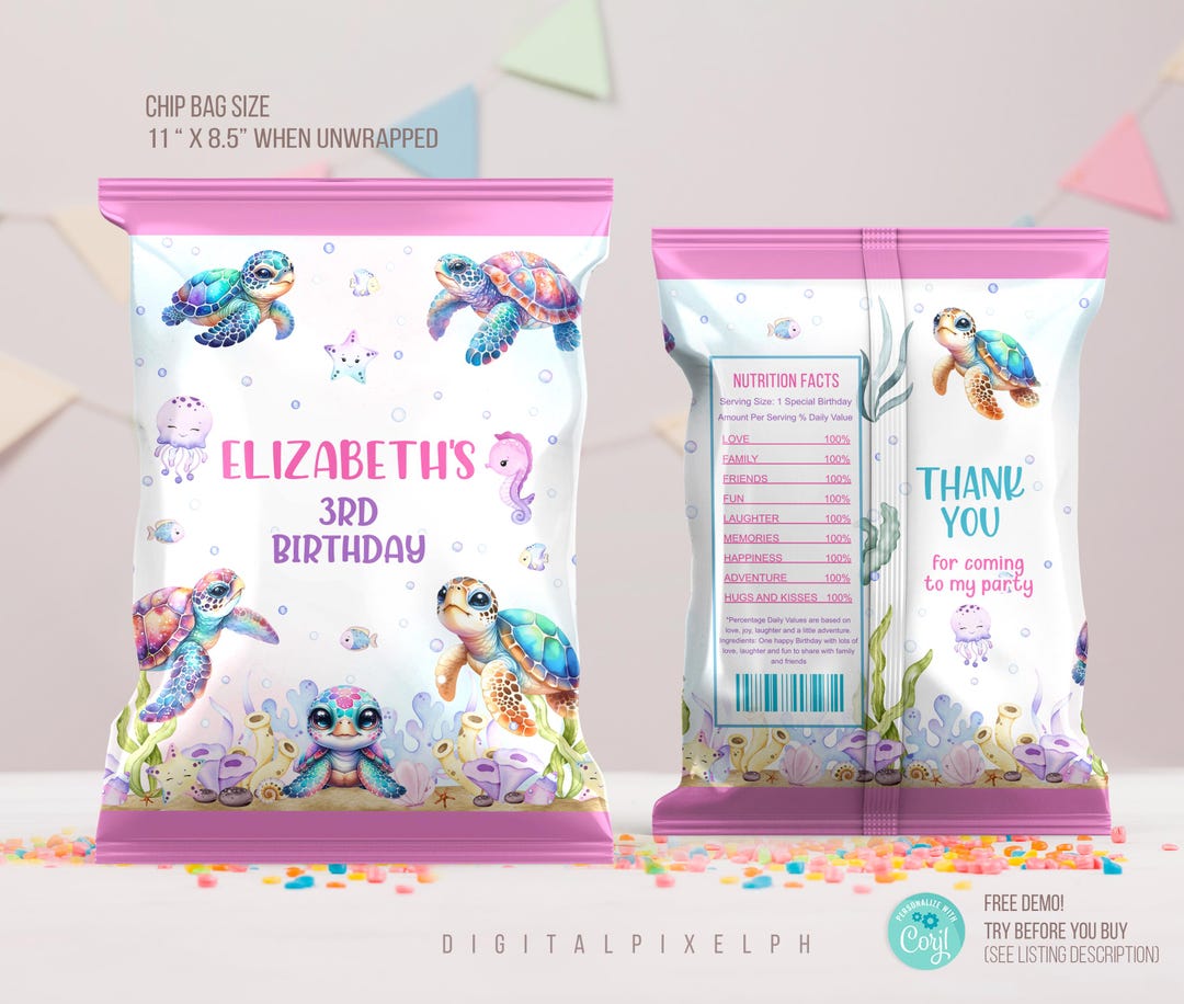 Editable Turtle Chip Bag Wrapper Labels, Turtle Chip Bag Wrapper Labels ...