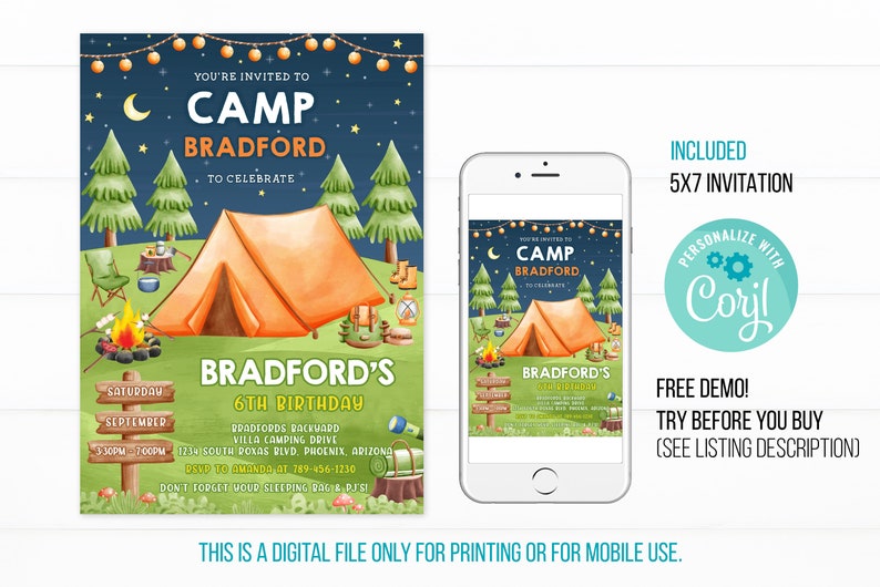 Editable Camping Birthday Invitation, Happy Camper Invitation, Camping ...