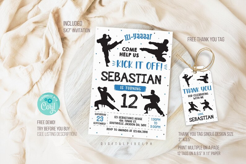Invitación de cumpleaños de artes marciales, invitación de karate ...