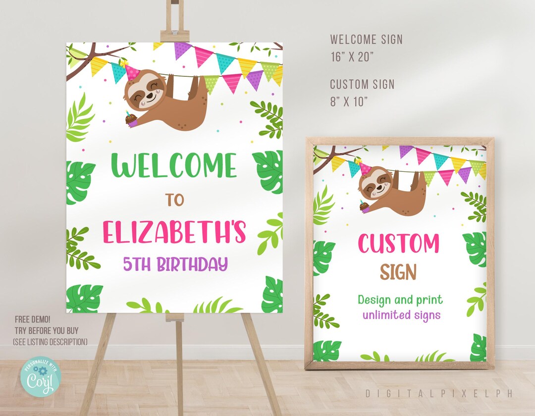 Editable Sloth Birthday Welcome Sign Template, Sloth Birthday Custom ...