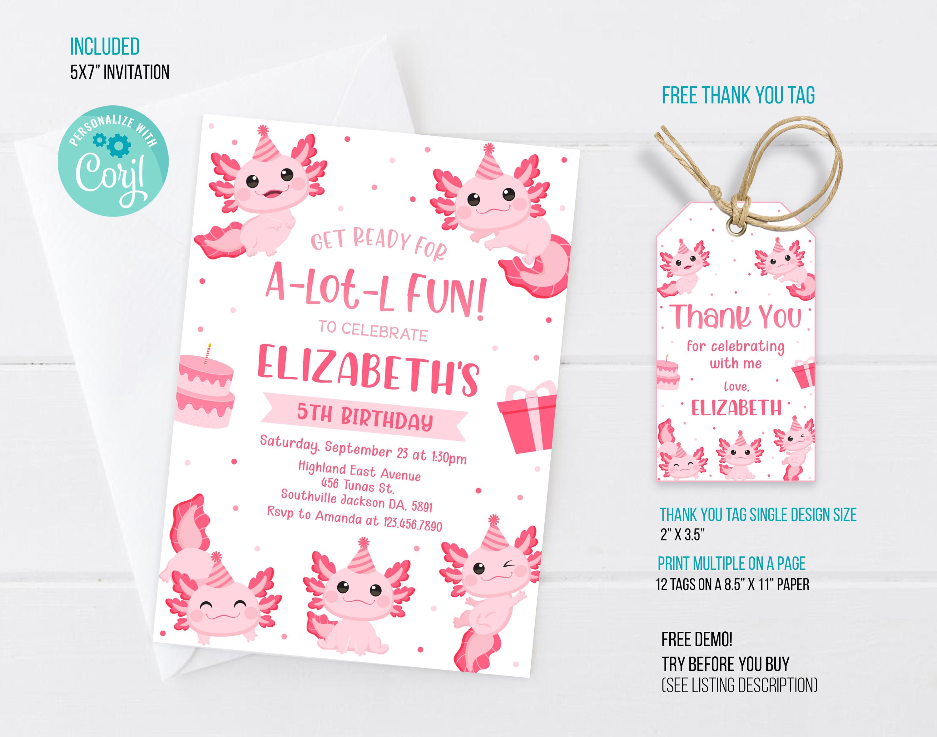 Editable Axolotl Birthday Invitation Template, Axolotl Birthday ...